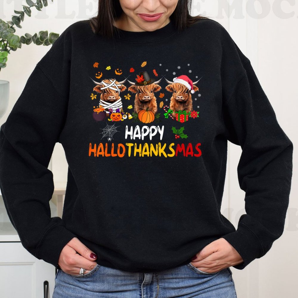 Happy Hallothanksmas Highland Cow Print Halloween Chr… - Gem
